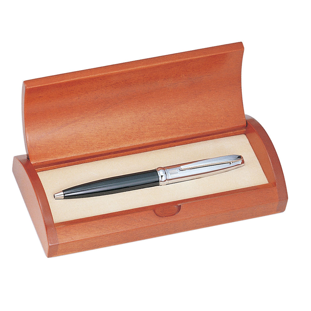 Executive Glossy Black Ballpoint Pen Set in Curved Wooden Box | VP6191